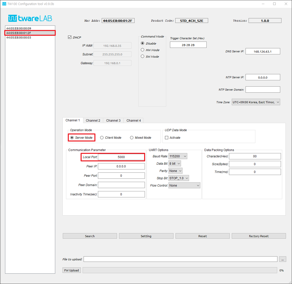 [4CH S2E] TW100xx – TCP Server 모드 튜토리얼 – twareLAB